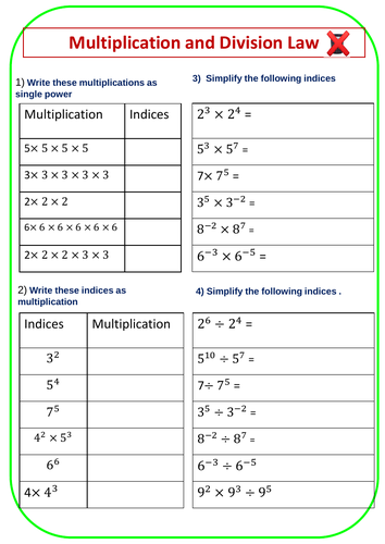 Indices Laws: arithmetic | Teaching Resources