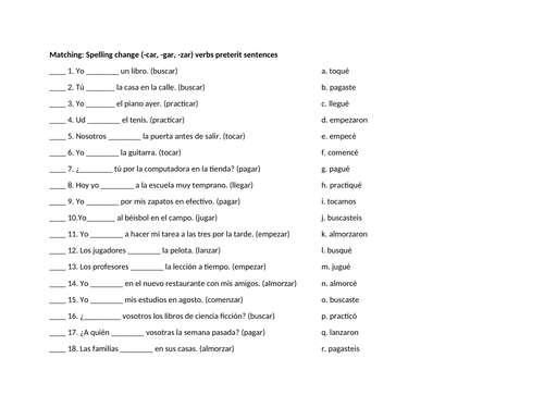 Preterit spelling change verbs sentences matching practice | Teaching ...