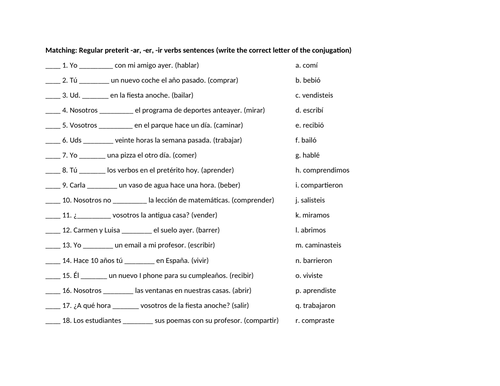 Regular preterit sentences matching practice | Teaching Resources