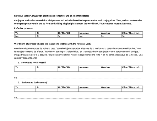 Reflexive verbs conjugation practice and sentences | Teaching Resources