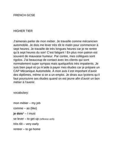A* FRENCH GCSE REVISION SHEET/ LESSON PLAN translation exercise with ...