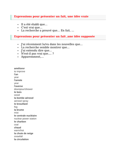 FRENCH GCSE REVISION NOTES extensive vocabulary on climate change and ...