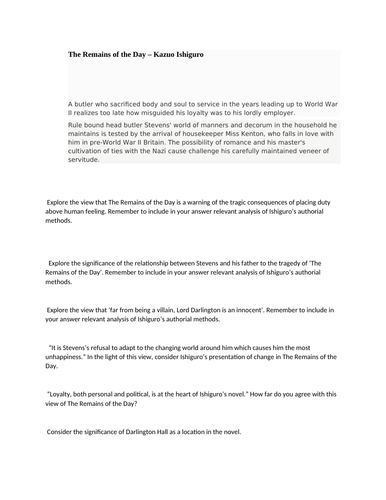The Remains of the Day – Kazuo Ishiguro A level English Literature mock ...