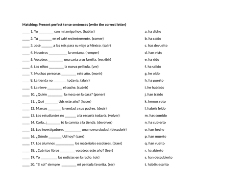 Present perfect sentences matching practice | Teaching Resources