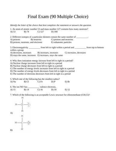 90 Multiple Choice CHEMISTRY FINAL EXAM Grade 11 Chemistry Exam WITH ...