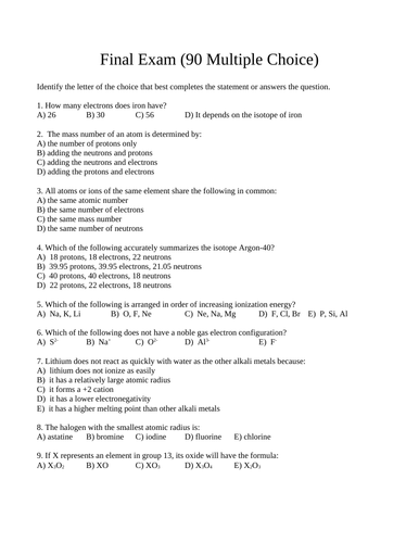 90 M.C. CHEMISTRY FINAL EXAMINATION SCH3U Grade 11 Chemistry Exam WITH ...
