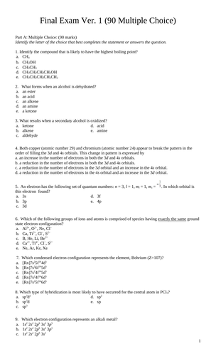 Multiple Choice Final Exam Grade 12 Chemistry Version #1 WITH ANSWERS ...