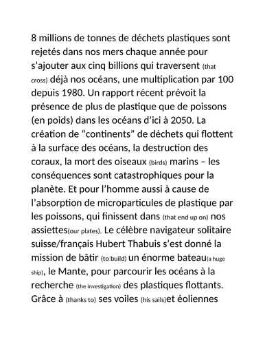 A LEVEL FRENCH LESSON PLAN translation exercise, L'environnement ...