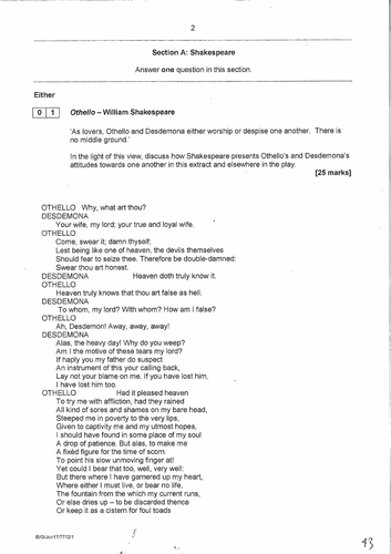 AQA A Level English Literature Othello Exemplar Essays | Teaching Resources