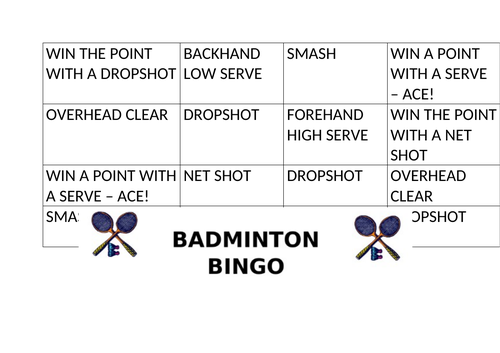Badminton Bingo | Teaching Resources
