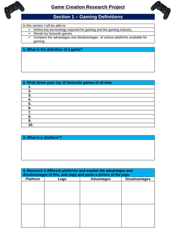 Gaming Research Project | Teaching Resources