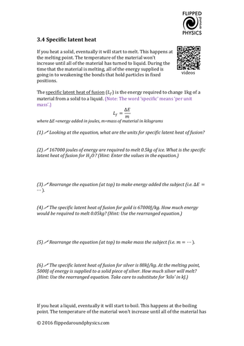 Latent Heat Worksheet AQA Latent Heat, Specific Heat Capacity