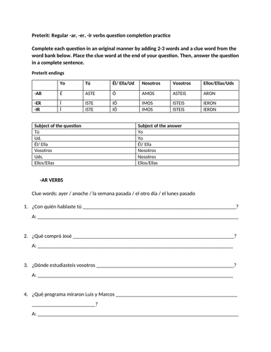 Preterit questions completion practice | Teaching Resources