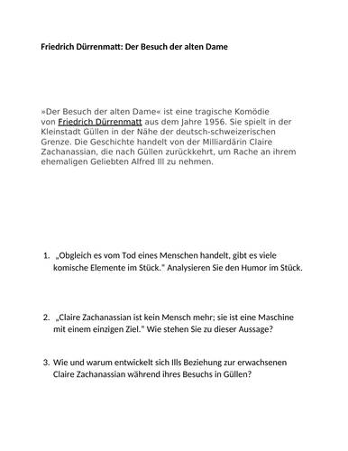 Friedrich Dürrenmatt: Der Besuch der alten Dame A level German revision ...