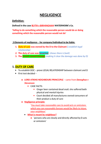 OCR LAW - NEGLIGENCE A/A* NOTES (TORT LAW) | Teaching Resources OCR LAW - NEGLIGENCE A/A* NOTES (TORT LAW) | Teaching Resources