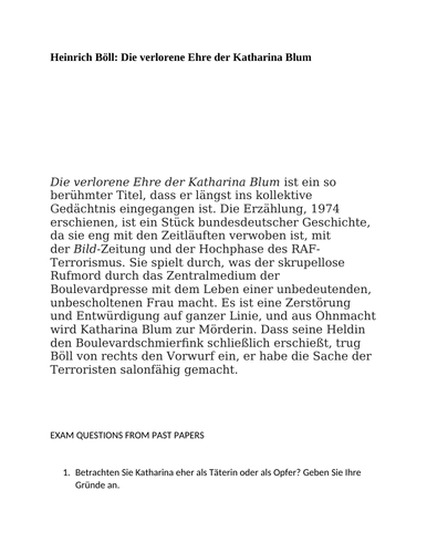 Die Verlorene Ehre der Katharina Blum - a succinct introduction in ...