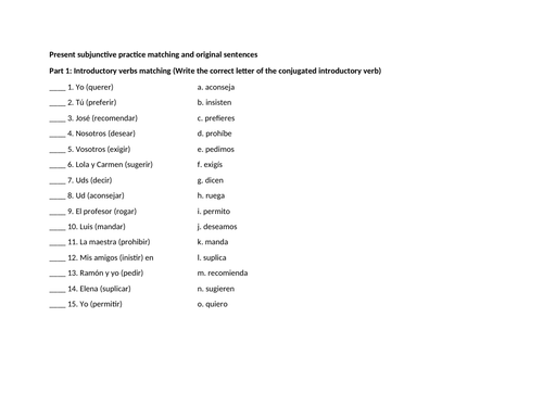 Present subjunctive introductory verbs and sentence practice | Teaching ...