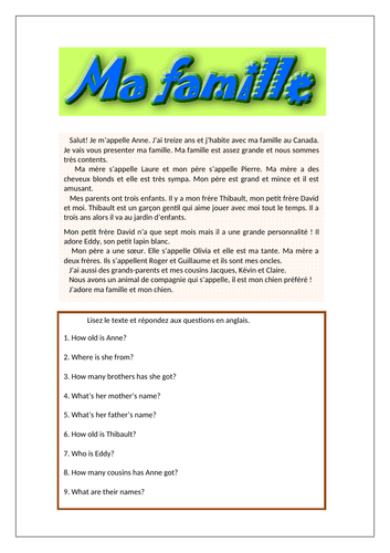 Ma famille / Family / Family members | Teaching Resources