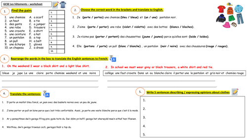 GCSE French - Les vêtements - Worksheet + Knowledge organiser ...