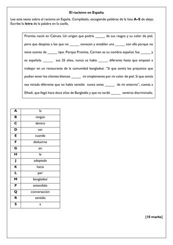 Spanish A Level Reading AQA Gap Fill Exam Practice (10 Questions ...