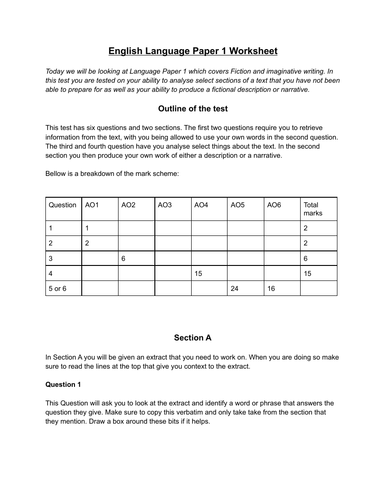 Edexcel Language Paper 1 Revision Resource | Teaching Resources