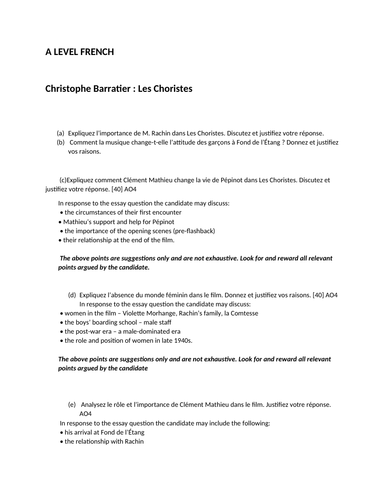 Christophe Barratier. lES Choristes Revision Sheet introduction in ...