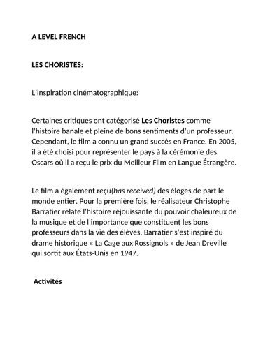 Lesson Plan A level French Christophe Barratier Les Choristes Revision ...
