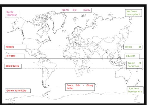 Turkish/English geography language map of the world | Teaching Resources