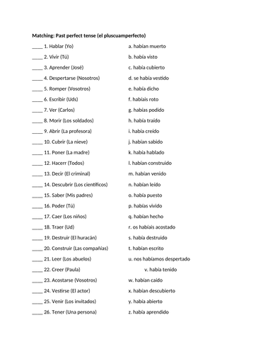 Past perfect pluscuamperfecto matching practice | Teaching Resources