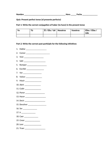 Quiz present perfect tense | Teaching Resources