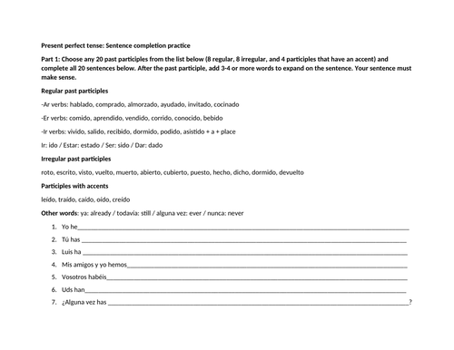 Present perfect tense sentence completion practice | Teaching Resources