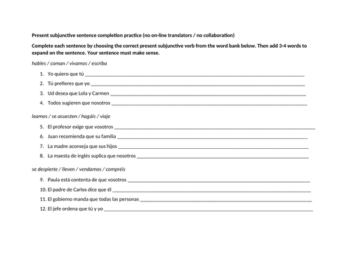 Present subjunctive sentence completion practice | Teaching Resources