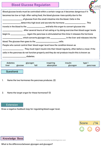 GCSE Biology Worksheet on Blood Glucose Regulation | Teaching Resources