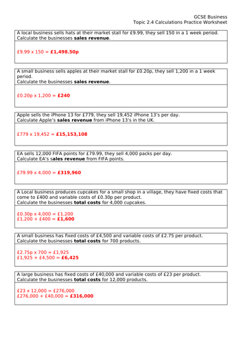Calculations Practice - Edexcel GCSE Business - Topic 2.4 | Teaching ...