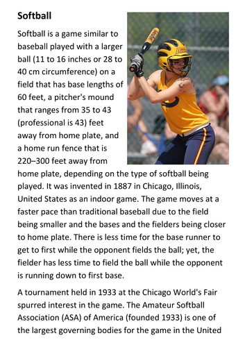 Softball Handout | Teaching Resources
