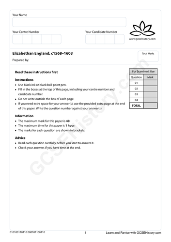 AQA Mock Paper - Elizabethan England, c1568–1603 | Teaching Resources