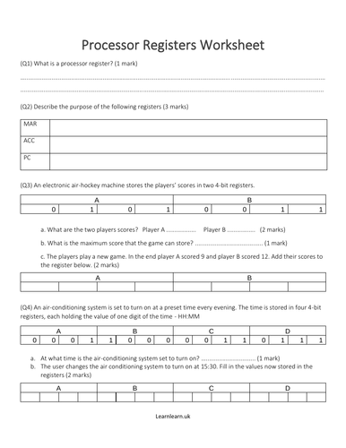 Processor Registers Worksheet | Teaching Resources