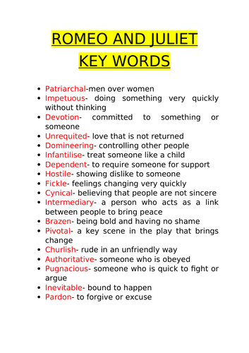 Romeo and Juliet Key Words | Teaching Resources