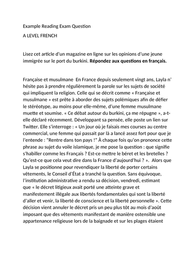 FRENCH A LEVEL EXAMPLE READING EXAM QUESTION lesson plan/ revision ...