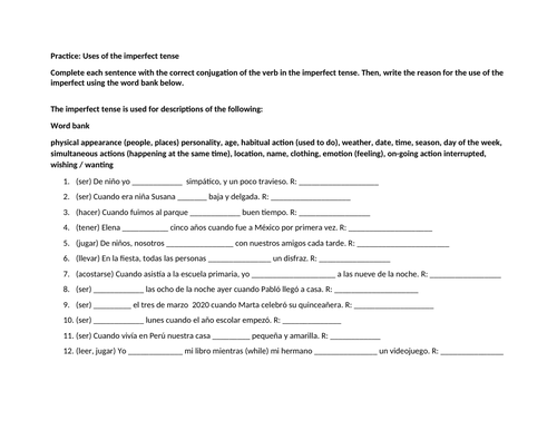 Practice on uses of the imperfect tense | Teaching Resources