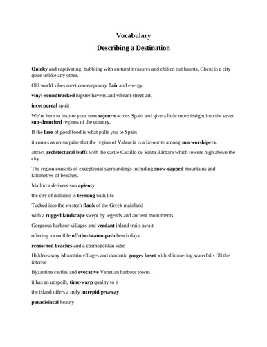 GCSE English Vocabulary ( Describing a destination) | Teaching Resources