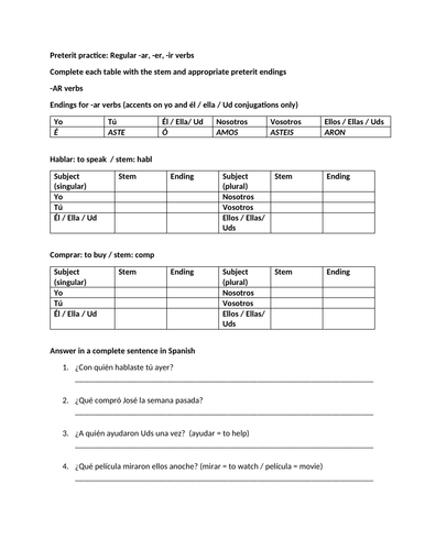 Preterit regular verbs introduction practice | Teaching Resources