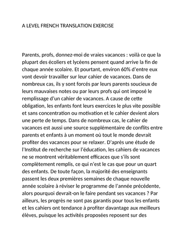 A LEVEL FRENCH TRANSLATION EXERCISE with vocabulary WJEC AQA | Teaching ...