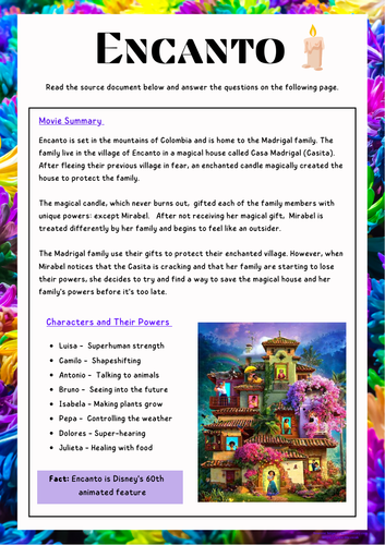 Encanto Inspired Reading Comprehension Skimming & Scanning Exercise ...