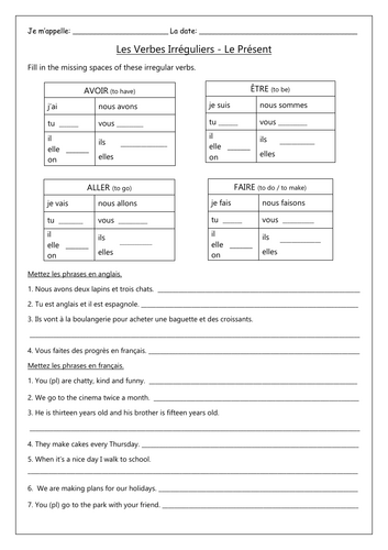 FRENCH VERBS - IRREGULAR - PRESENT TENSE | Teaching Resources