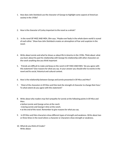GCSE ENGLISH LITERATURE OF MICE AND MEN JOHN STEINBECK mock exam ...
