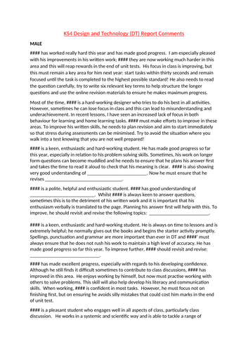 KS4 Year 10/11 GCSE Design and Technology (DT) Pupil Report Comment ...