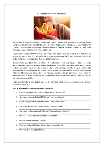 La cuisine / La nourriture / Le fast food / Food | Teaching Resources