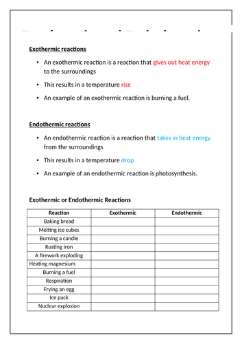 KS3 Science Endo and Exo Reactions | Teaching Resources