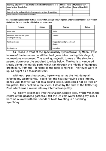 Identifying features of a setting description (Taj Mahal) | Teaching ...